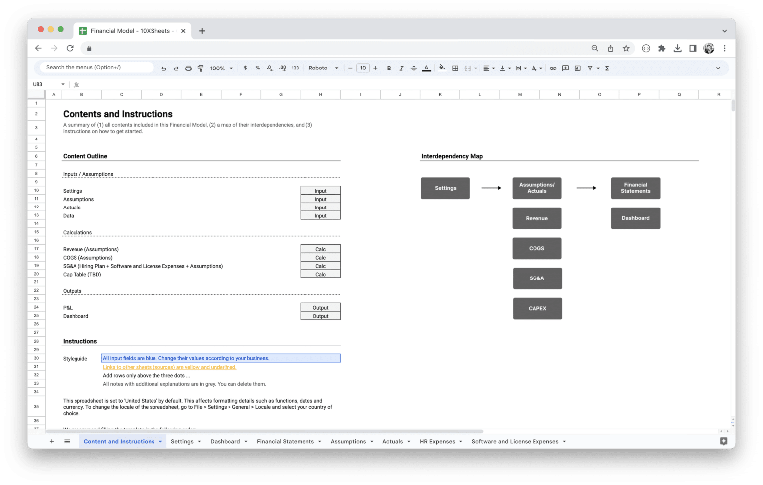 Standard Financial Model Template 2025 10xsheets