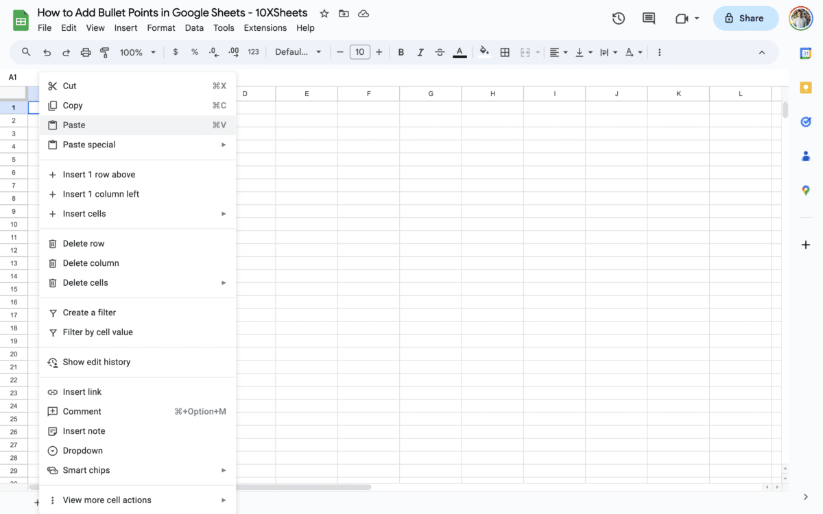 How to Add Bullet Points in Google Sheets (4 Easy Methods) - 10XSheets