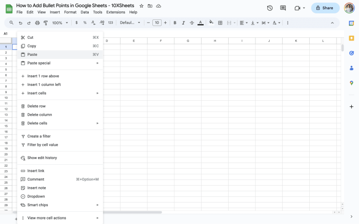 How to Add Bullet Points in Google Sheets (4 Easy Methods) - 10XSheets