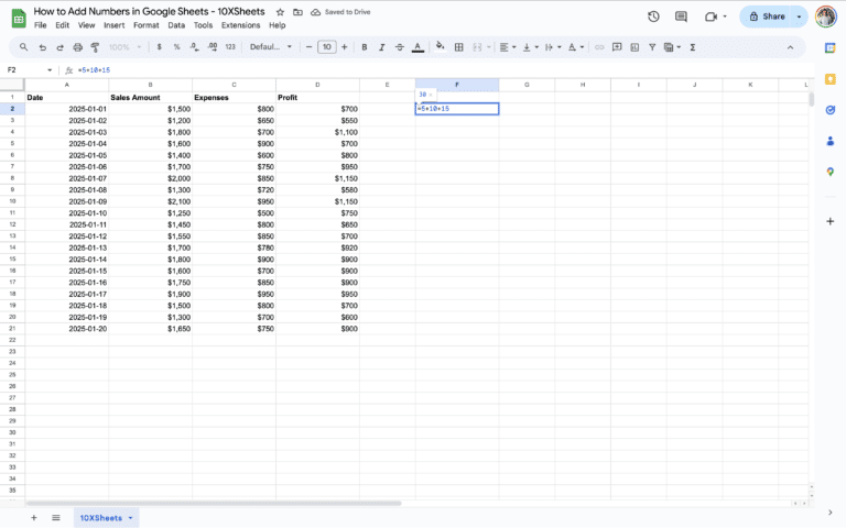 How to Add Numbers in Google Sheets: 2025 Guide - 10XSheets