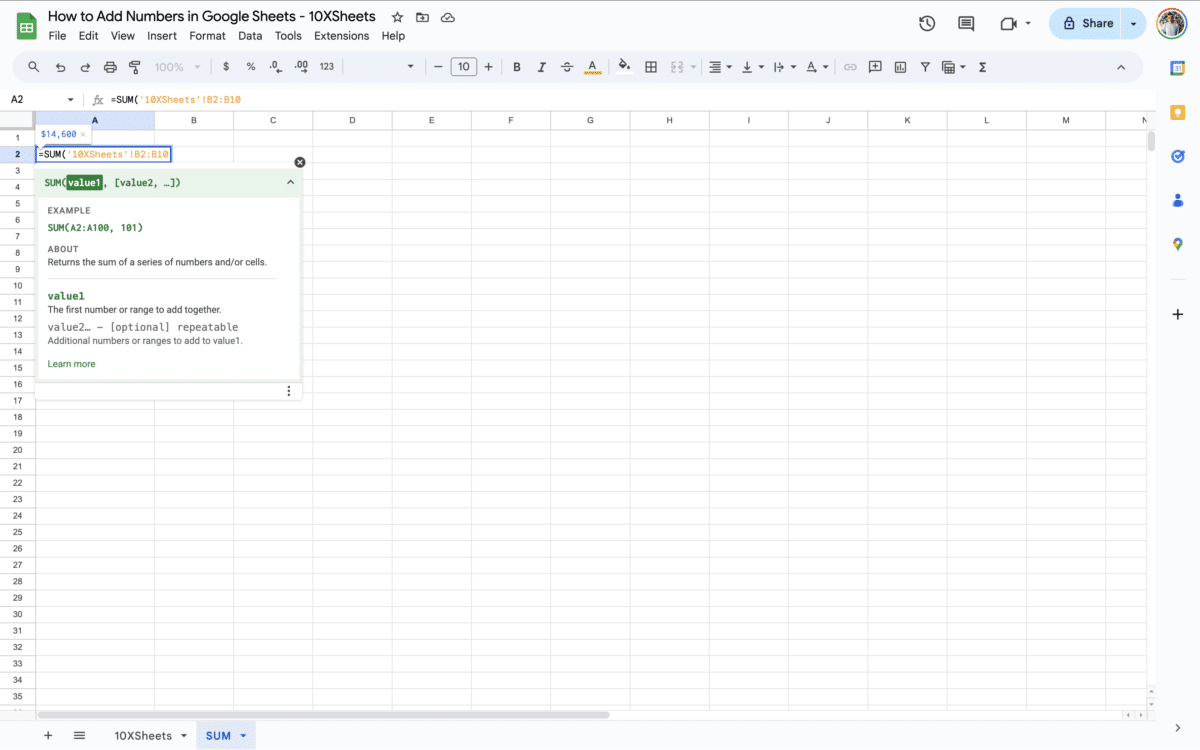 How to Add Numbers in Google Sheets: 2025 Guide - 10XSheets