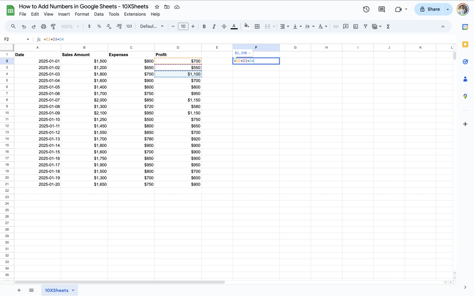 How to Add Numbers in Google Sheets: 2025 Guide - 10XSheets