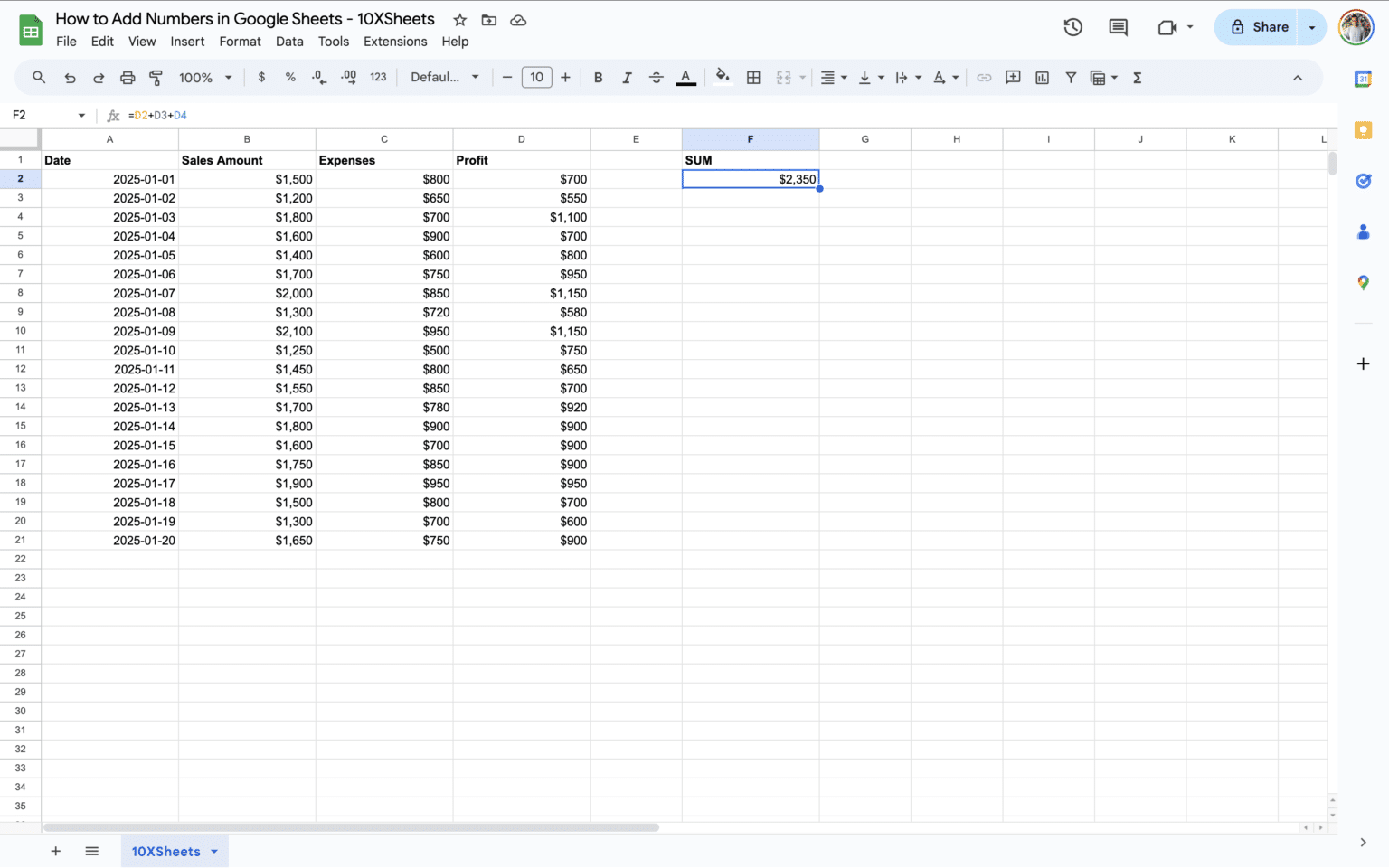 How to Add Numbers in Google Sheets: 2025 Guide - 10XSheets