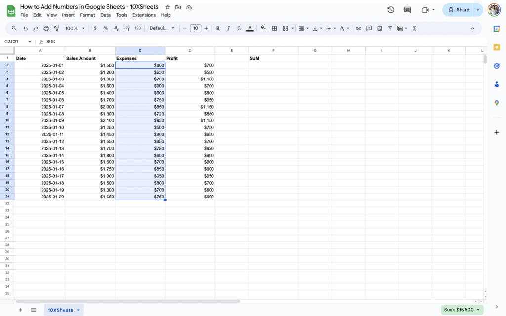 How to Add Numbers in Google Sheets: 2025 Guide - 10XSheets