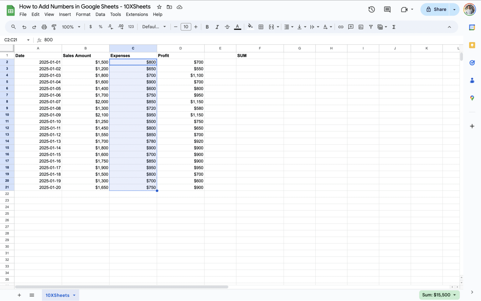 How to Add Numbers in Google Sheets: 2025 Guide - 10XSheets
