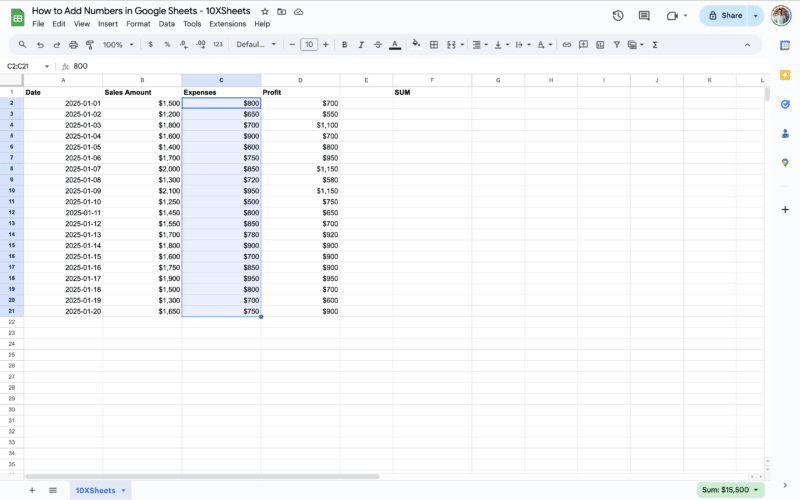 How to Add Numbers in Google Sheets: 2025 Guide - 10XSheets