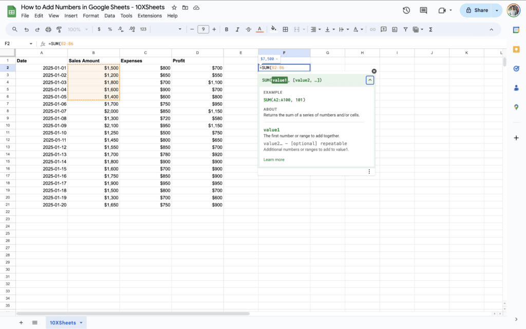 How to Add Numbers in Google Sheets: 2025 Guide - 10XSheets