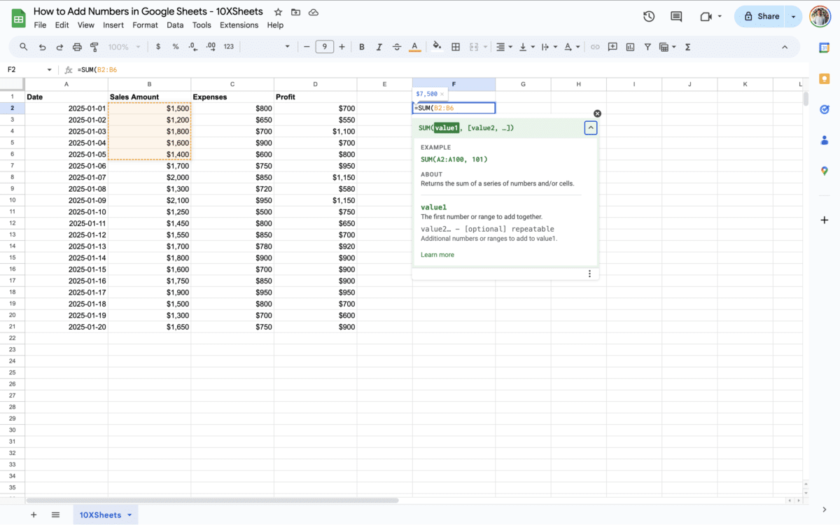 How to Add Numbers in Google Sheets: 2025 Guide - 10XSheets