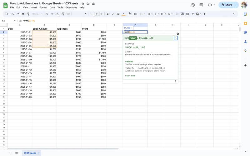 How to Add Numbers in Google Sheets: 2025 Guide - 10XSheets