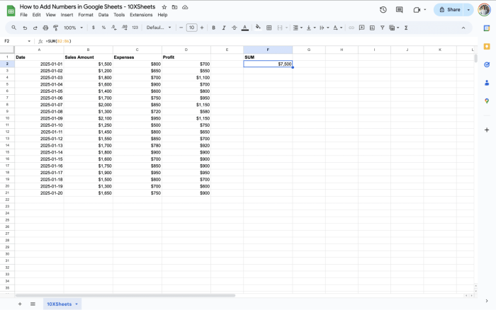 How to Add Numbers in Google Sheets: 2025 Guide - 10XSheets