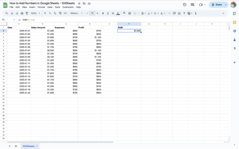 How to Add Numbers in Google Sheets: 2025 Guide - 10XSheets