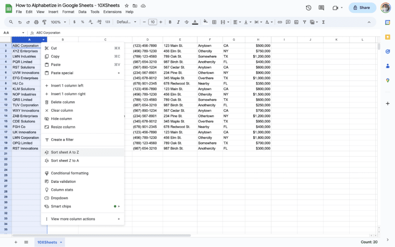 How to Alphabetize in Google Sheets (2025 Guide) - 10XSheets