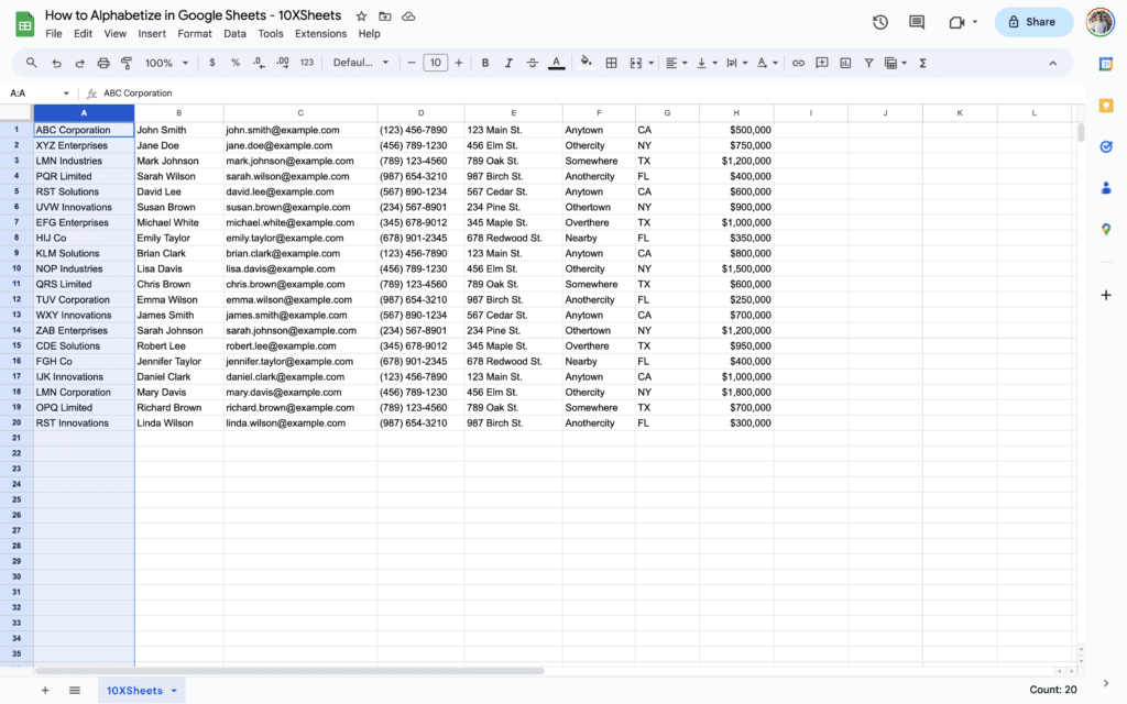 How to Alphabetize in Google Sheets (2025 Guide) - 10XSheets