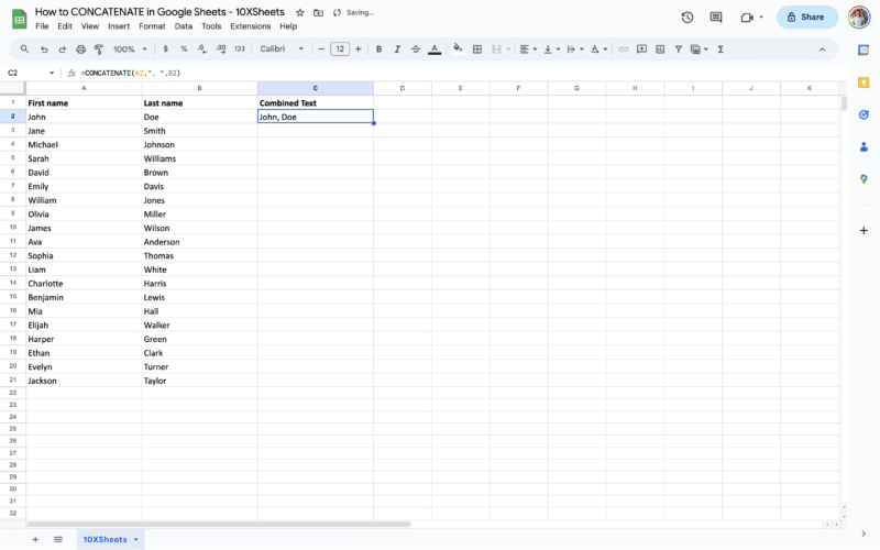 How to CONCATENATE in Google Sheets (Step-by-Step Guide) - 10XSheets