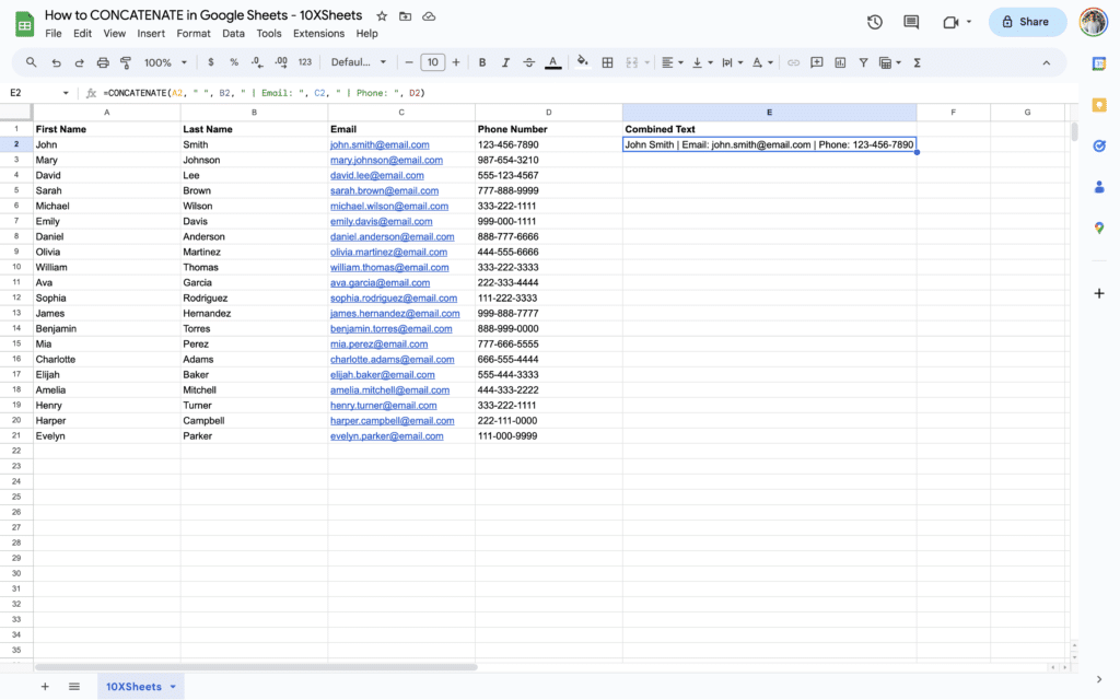 How to CONCATENATE in Google Sheets (Step-by-Step Guide) - 10XSheets
