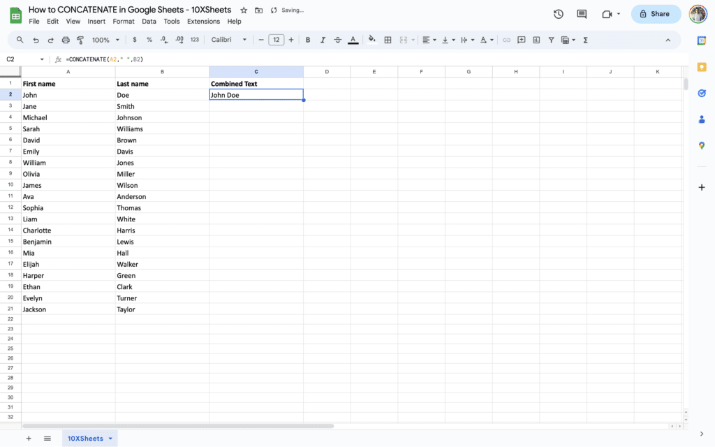 How to CONCATENATE in Google Sheets (Step-by-Step Guide) - 10XSheets