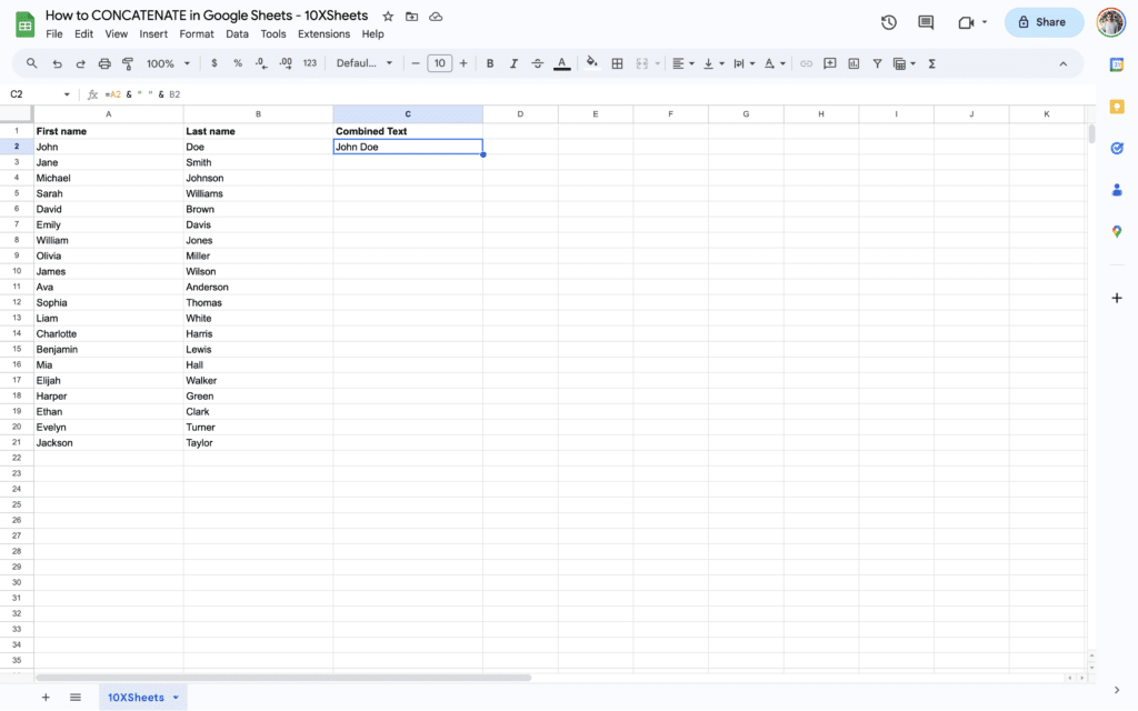 How to CONCATENATE in Google Sheets (Step-by-Step Guide) - 10XSheets