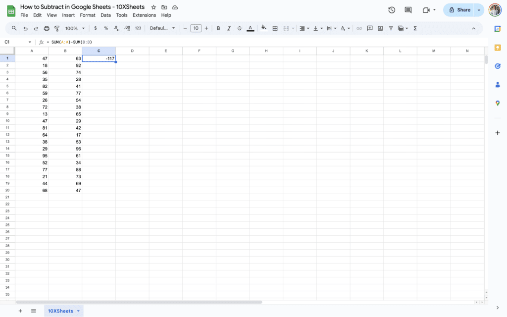 How to Subtract in Google Sheets? Multiple Cells and Columns - 10XSheets