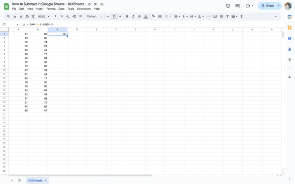 How to Subtract in Google Sheets? Multiple Cells and Columns - 10XSheets