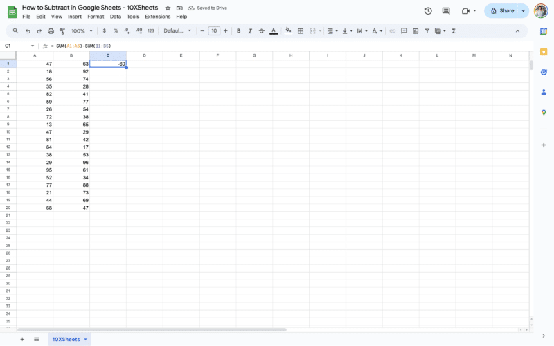 How to Subtract in Google Sheets? Multiple Cells and Columns - 10XSheets