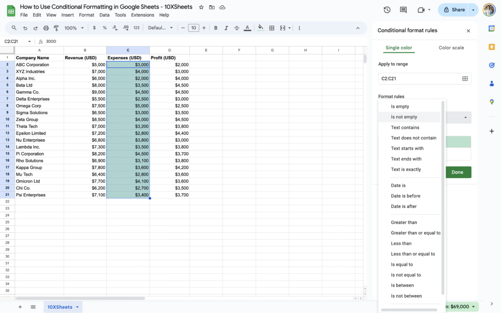 How to Use Conditional Formatting in Google Sheets (2025 Guide) - 10XSheets