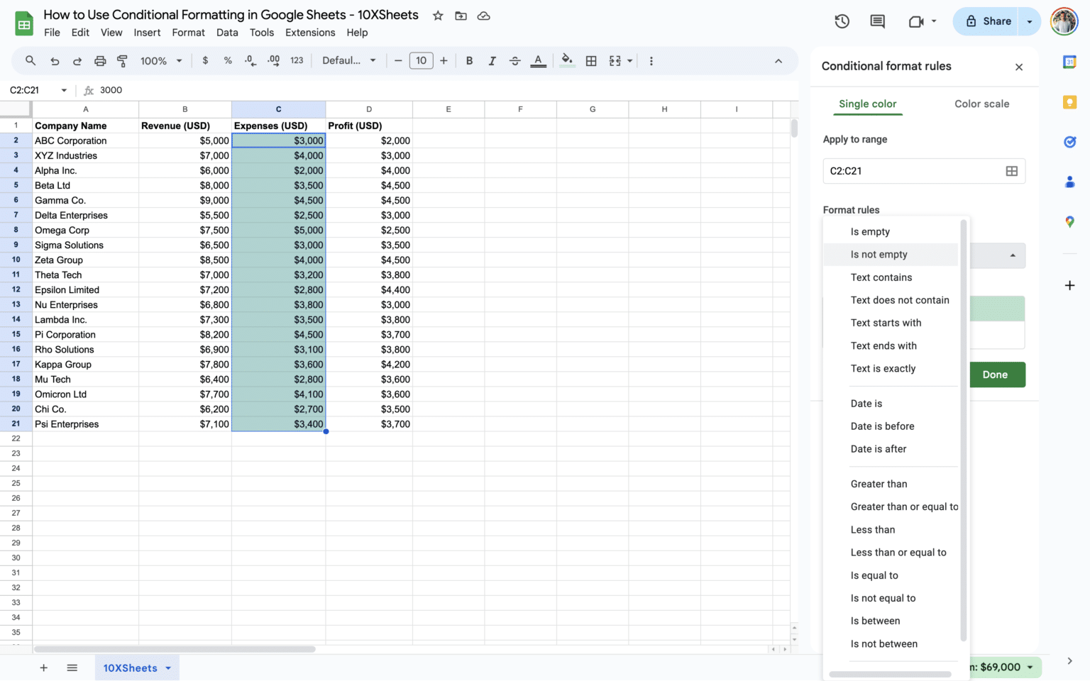 How to Use Conditional Formatting in Google Sheets (2025 Guide) - 10XSheets