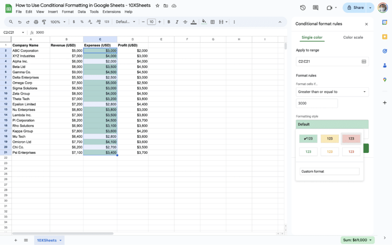 How to Use Conditional Formatting in Google Sheets (2025 Guide) - 10XSheets