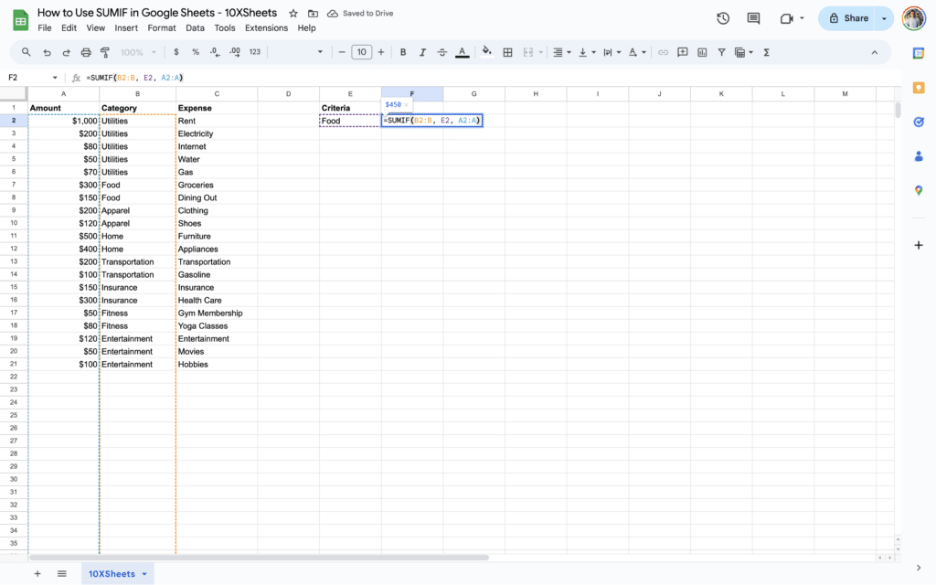 How to Use SUMIF in Google Sheets (With Multiple Criteria) - 10XSheets
