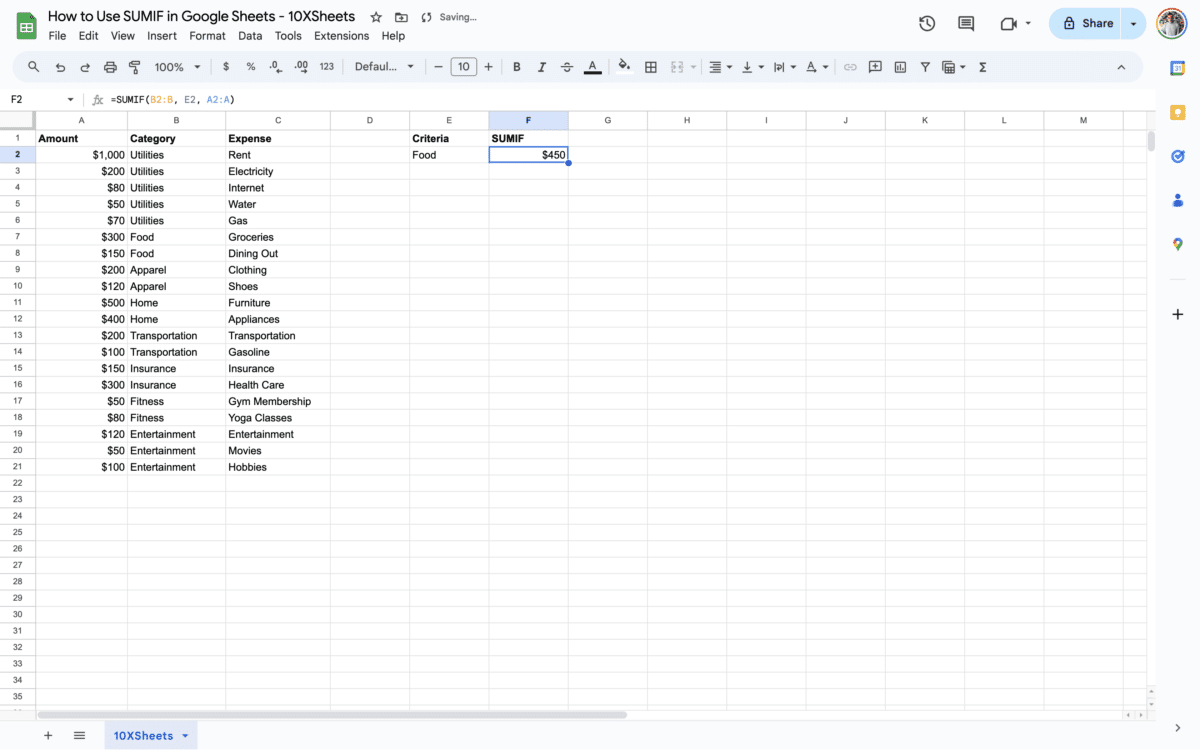 How to Use SUMIF in Google Sheets (With Multiple Criteria) - 10XSheets