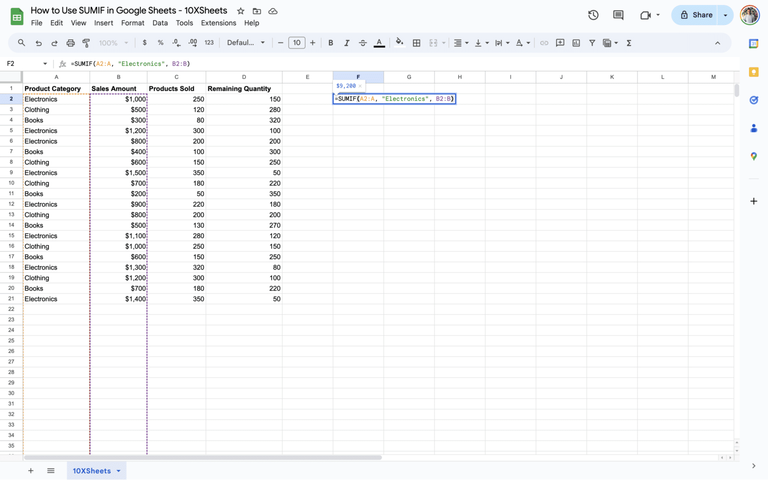 How to Use SUMIF in Google Sheets (With Multiple Criteria) - 10XSheets