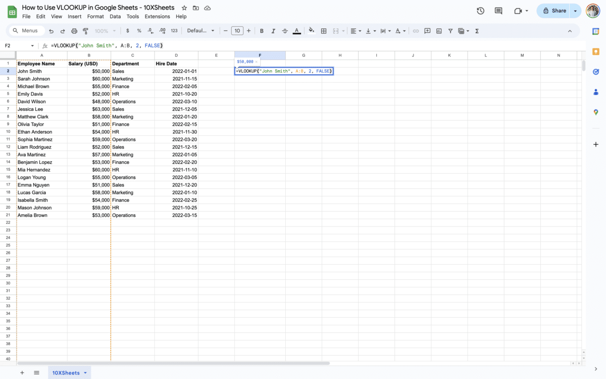 How to Use VLOOKUP in Google Sheets? (Function, Examples) - 10XSheets